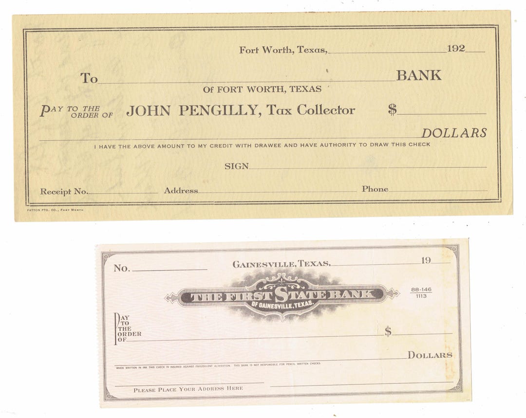 Two 1920s Blank Checks Fort Worth and Gainesville Texas One for Tax ...