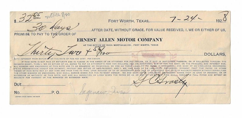 Original 1928 Promissory Note Ernest Allen Motor Company Fort Worth ...