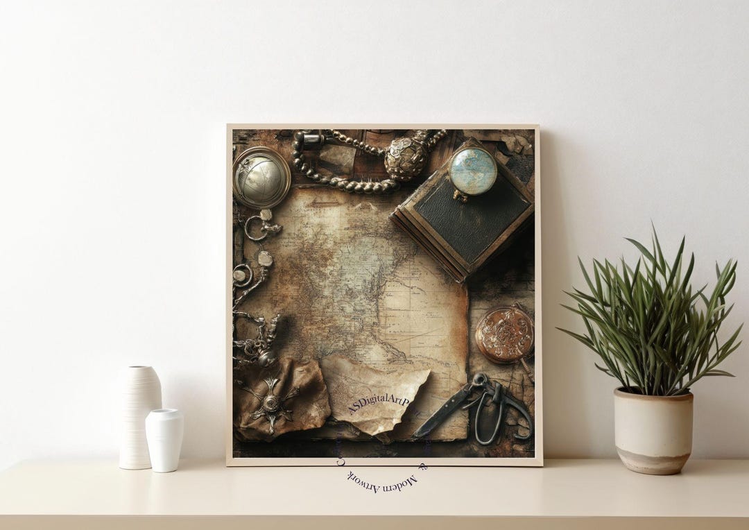 Vintage Explorer Map Print: Antique Artifacts Still Life (digital ...
