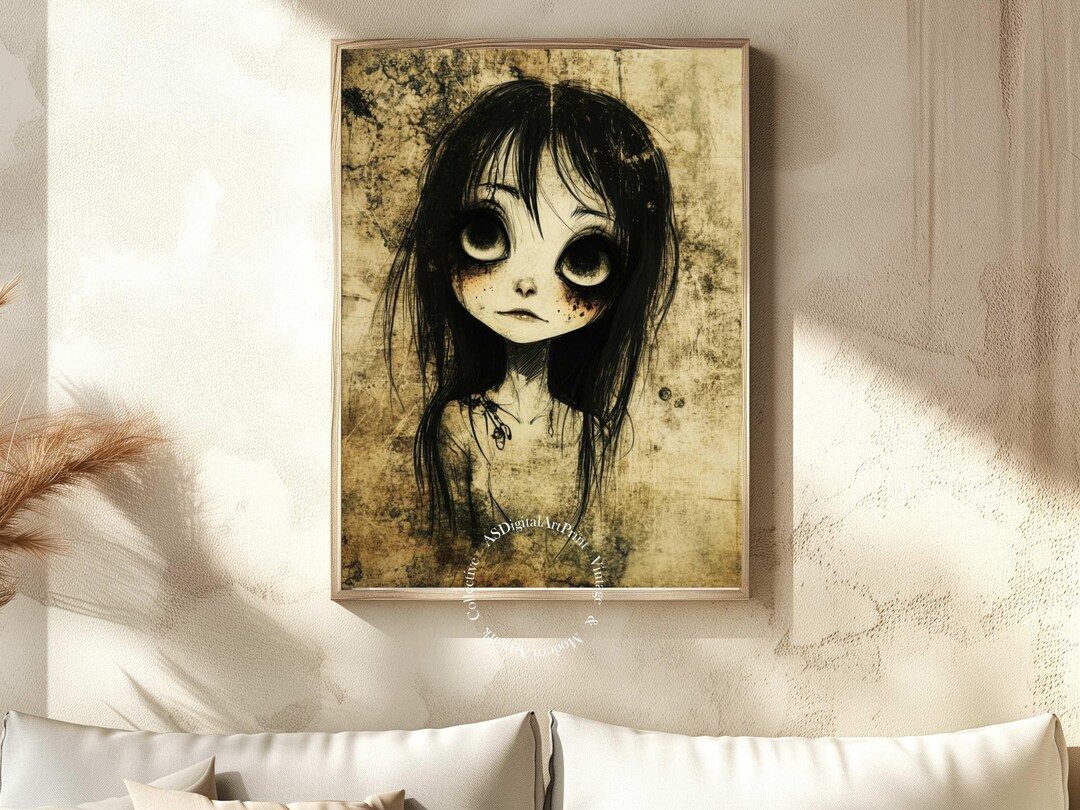 Dark Gothic Horror Art Print – Creepy Big-eyed Girl Illustration, Wall ...