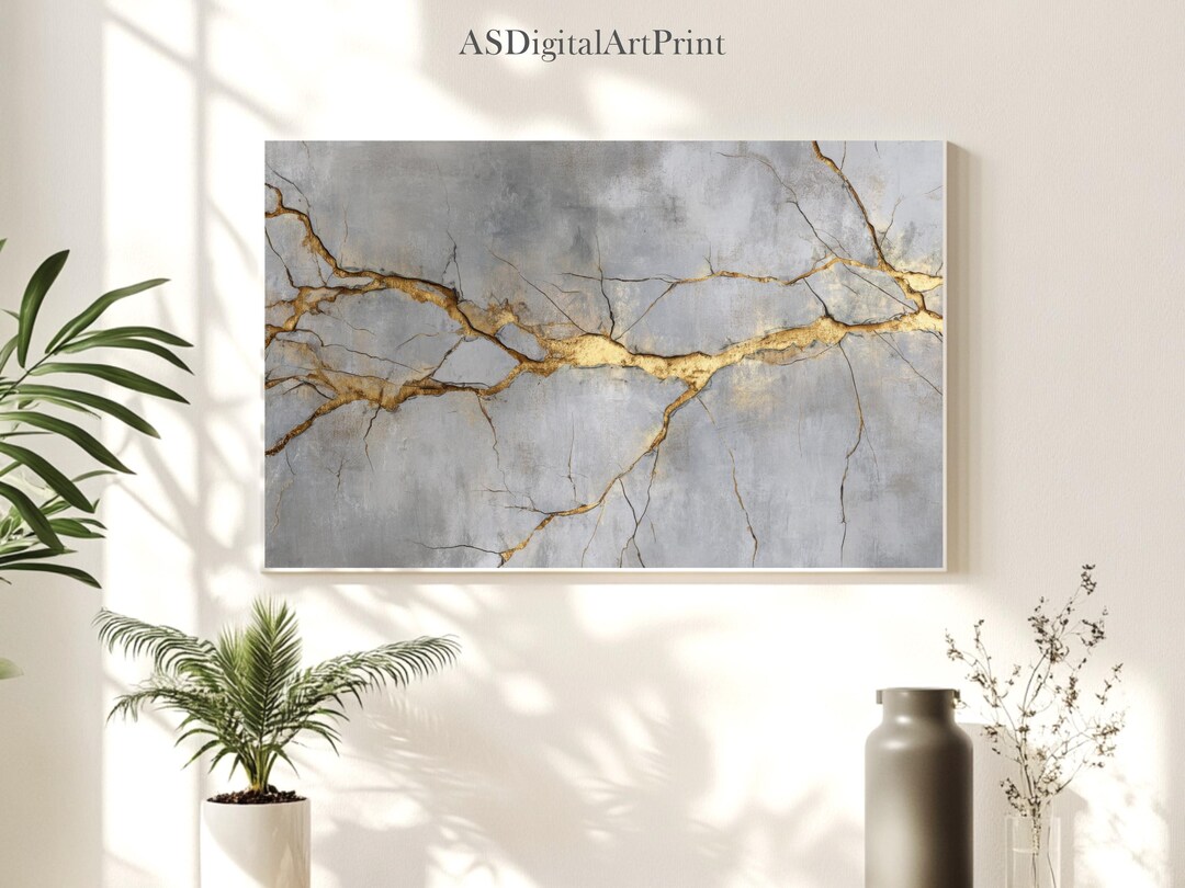 Digital Zen Japandi Poster – Grey Wall With Gold Kintsugi Cracks ...