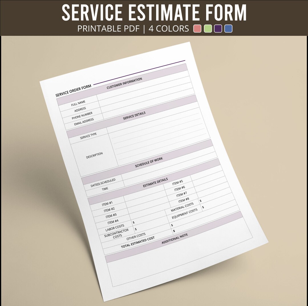 Service Estimate Form - Etsy