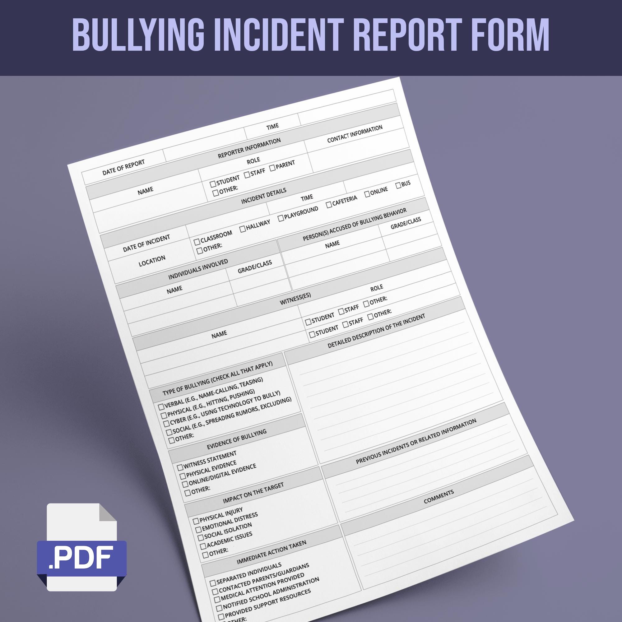 Bullying Incident Report Form - Etsy