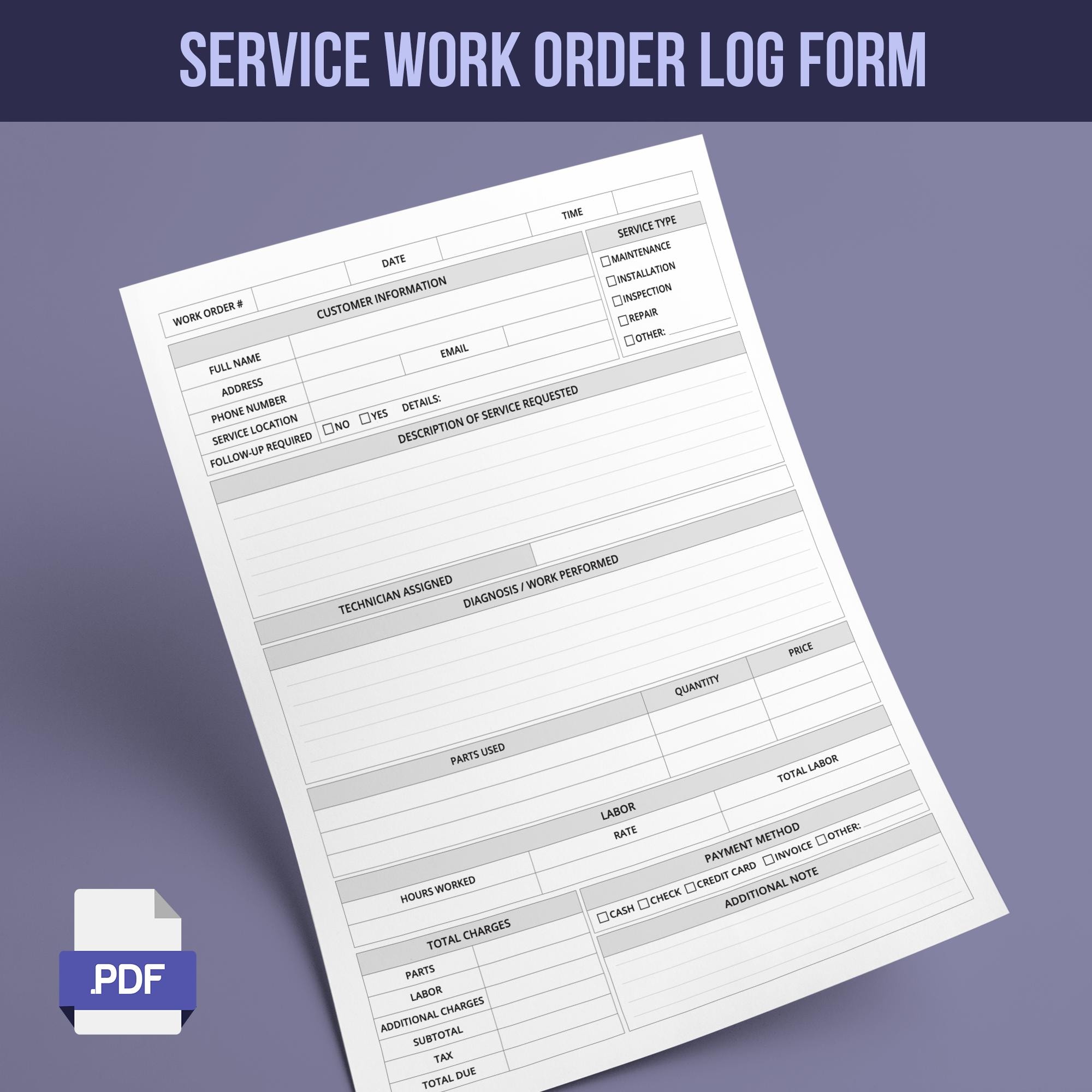 Service Work Order Log Form - Etsy