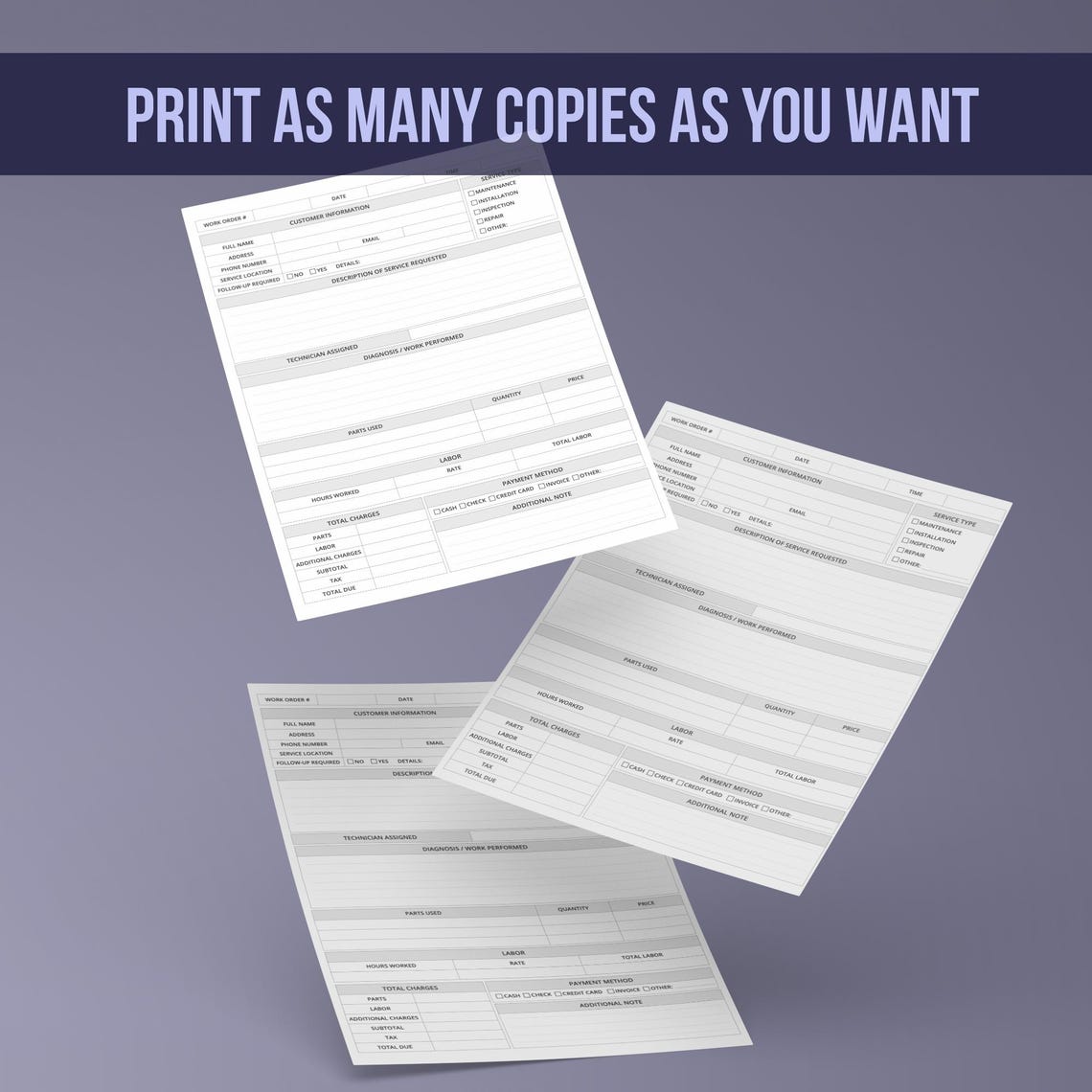 Service Work Order Log Form - Etsy