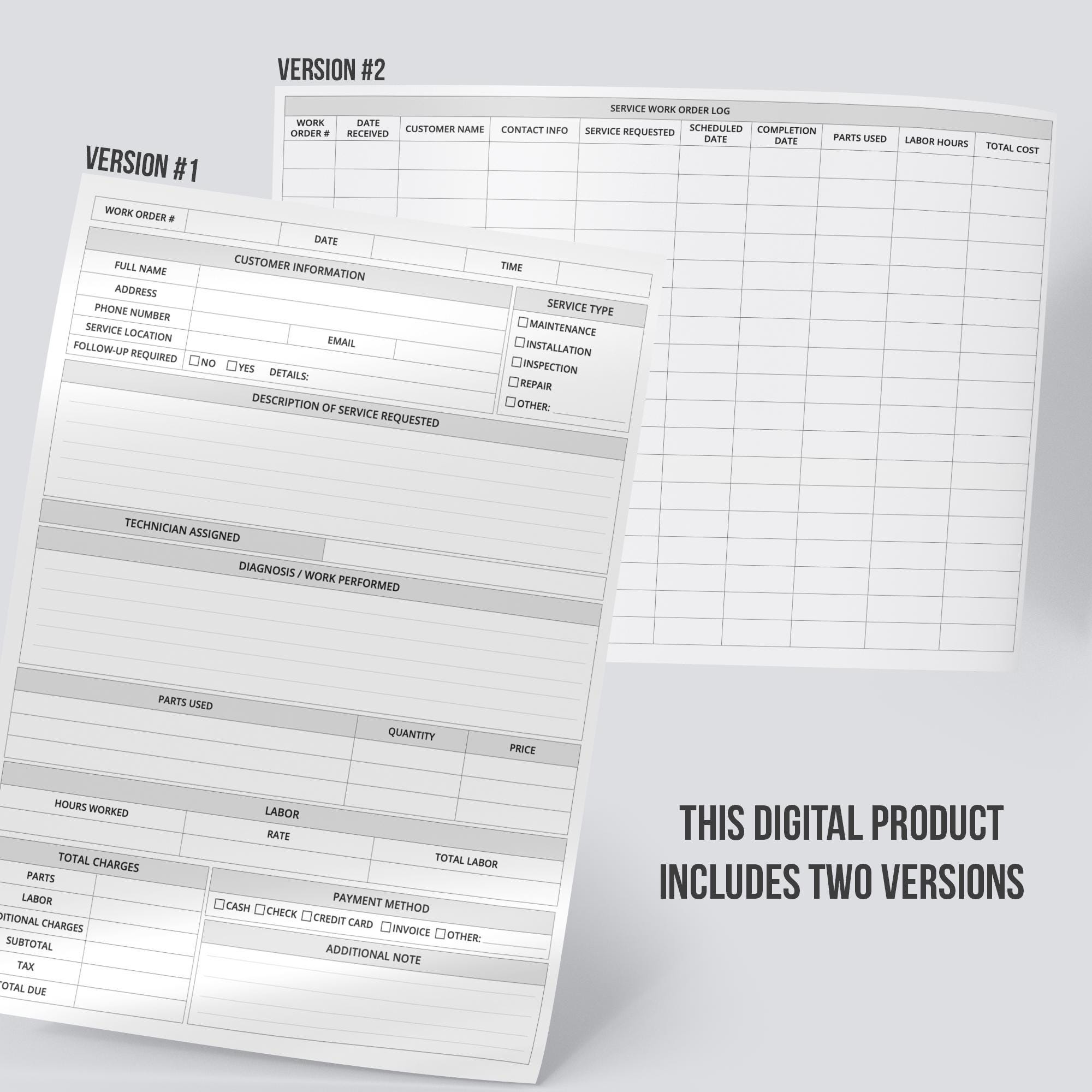 Service Work Order Log Form Etsy 8658