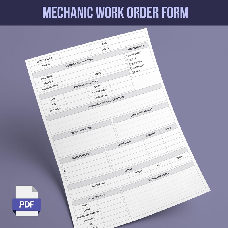 Mechanic Work Order Form - Etsy