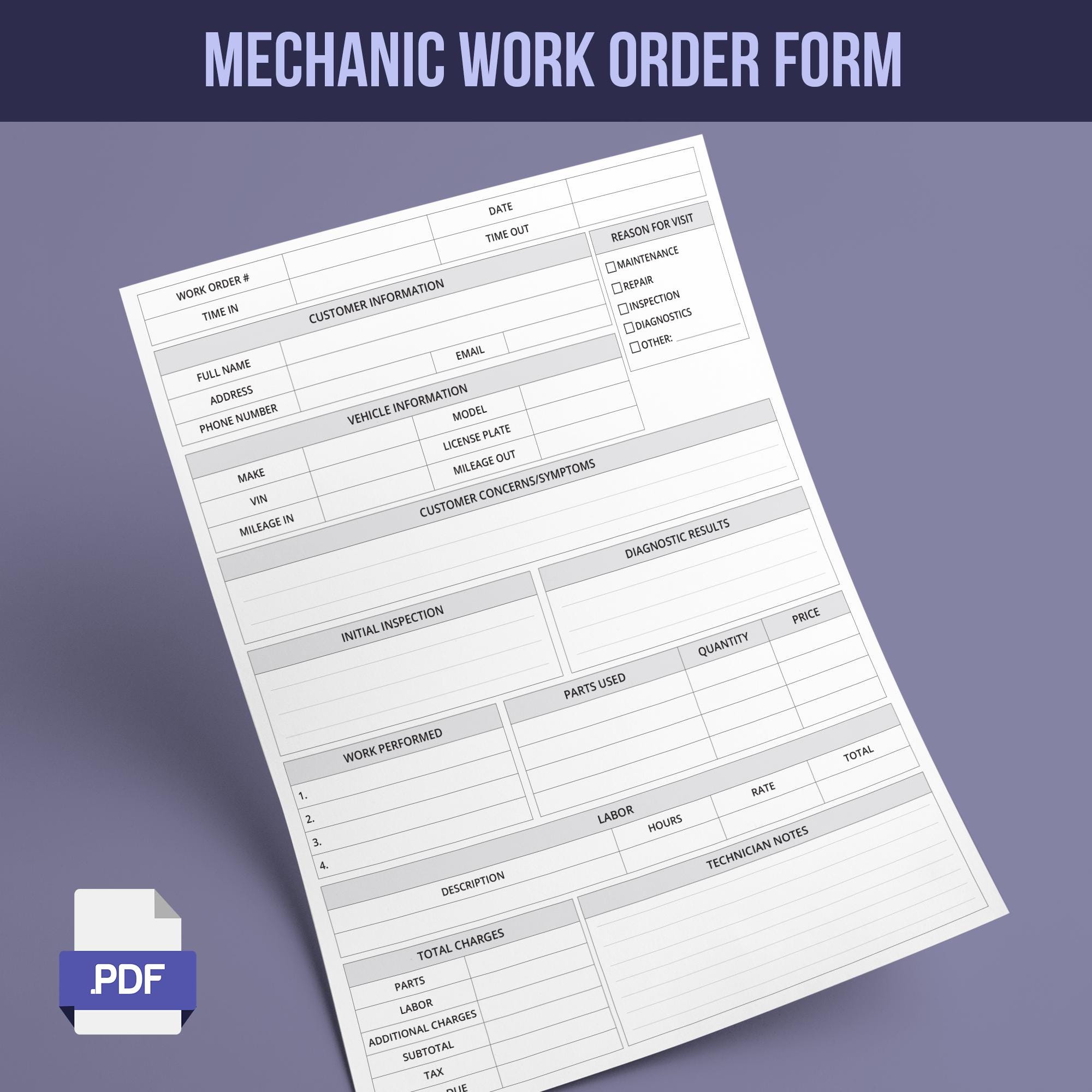 Mechanic Work Order Form - Etsy