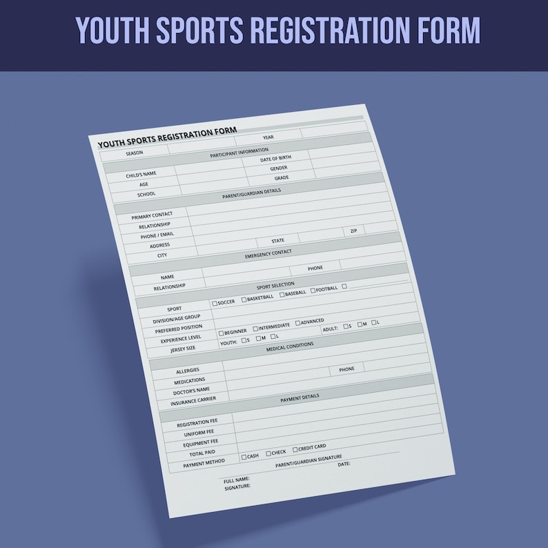 Youth Sports Registration Form - Etsy