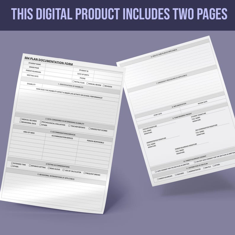 504 Plan Documentation Form - Etsy