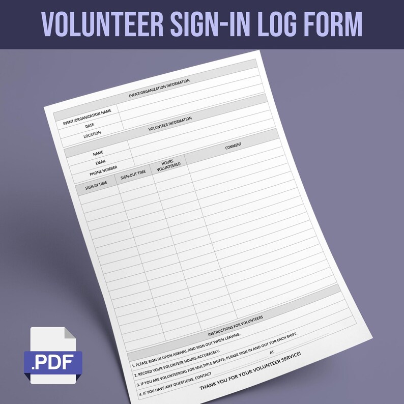 Volunteer Sign-in Log Form | Time Tracking & Participation Records - Etsy