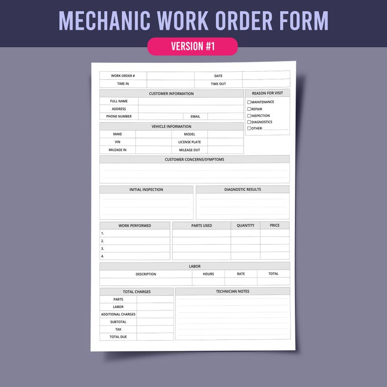 Mechanic Work Order Form - Etsy