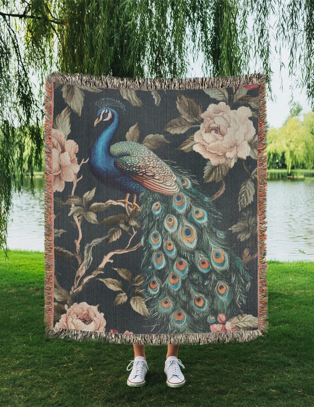 Woven Cottagecore Peacock Throw Blanket Royal Floral Room Decor ...