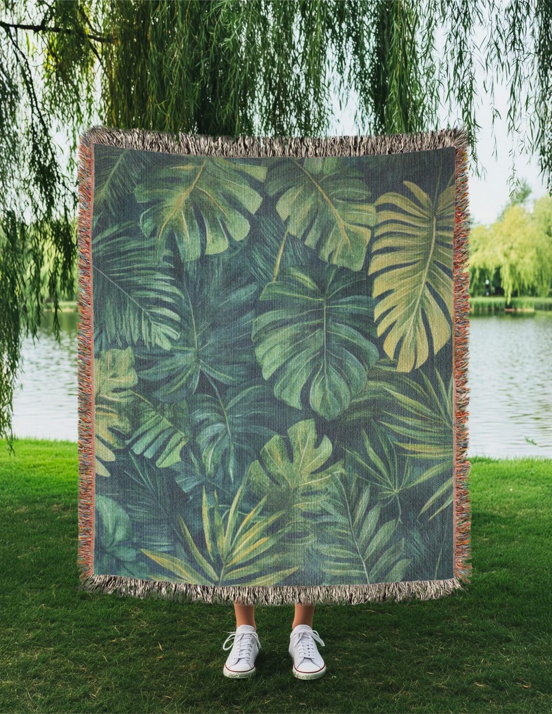 Green Forest Woven Blanket Dark Green Forest Leaf Pattern Tapestry ...