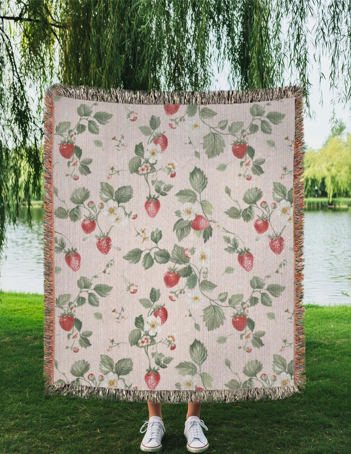 Woven Blanket for Cottagecore Homes Strawberry Floral Throw Cozy ...