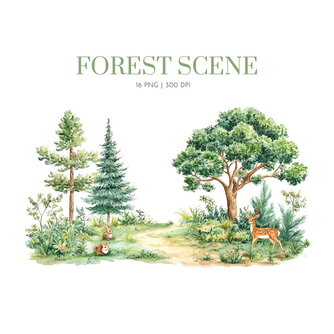 Forests Scene Watercolor Clipart, Woodland Landscape Images, Nature ...
