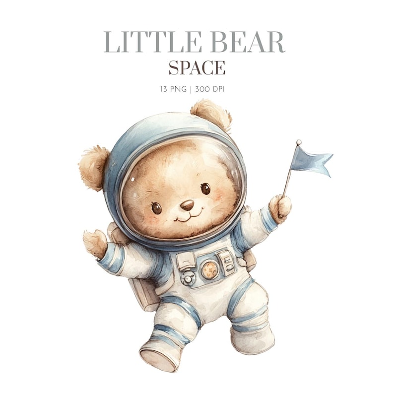 Teddy Bear Space Clipart, Watercolor Bear Astronaut Clipart, Bear Outer ...