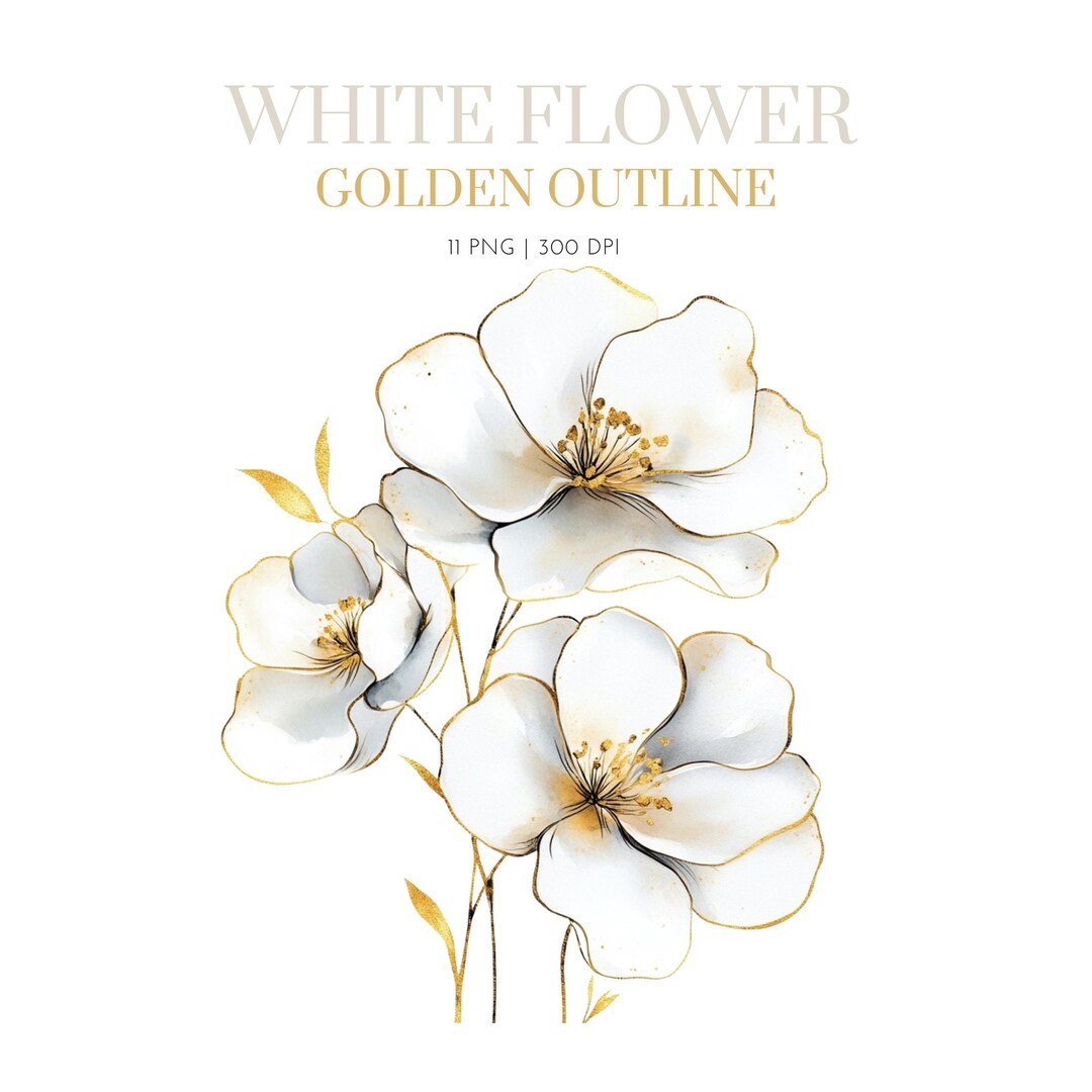 White and Gold Abstract Floral Watercolor Clipart, Whit Floral Clipart ...