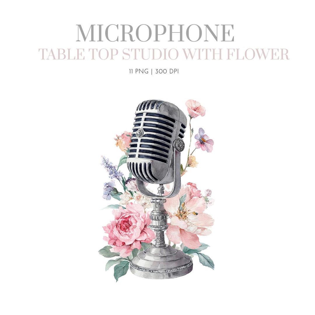 Microphone Table Top Studio Floral,retro Microphone Clipart, Microphone ...
