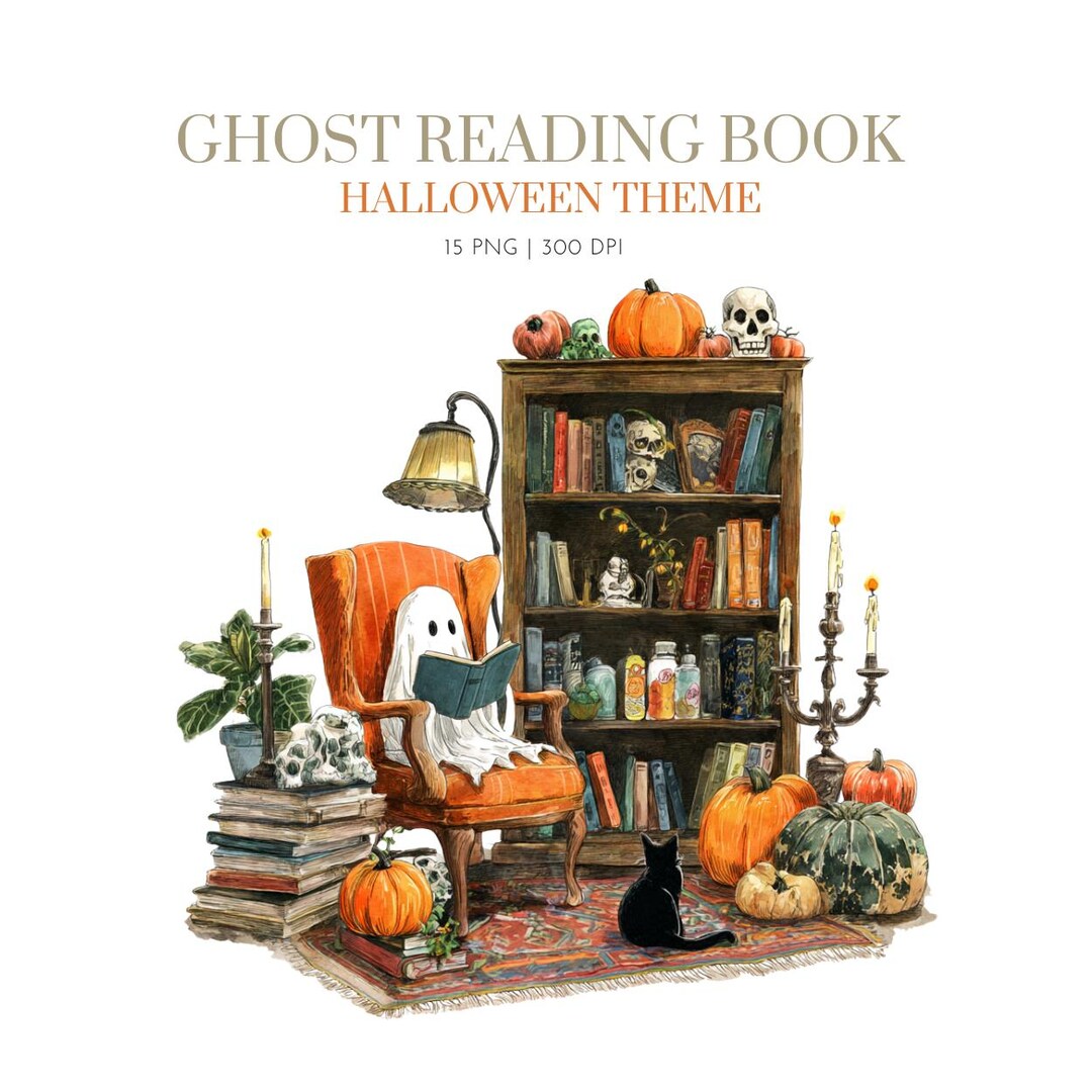 Retro Ghost Reading Books in Library, Librarian Ghost Halloween PNG ...