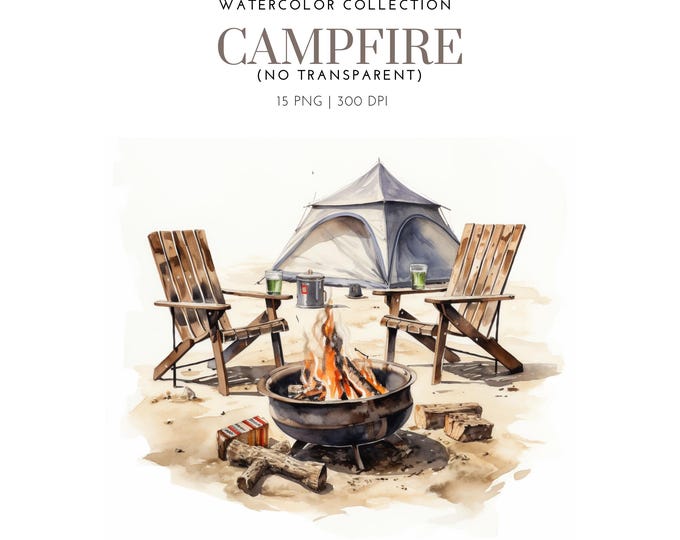 Watercolor Camping PNG Clipart Bundle, Mountain Landscape Campsite Tent ...