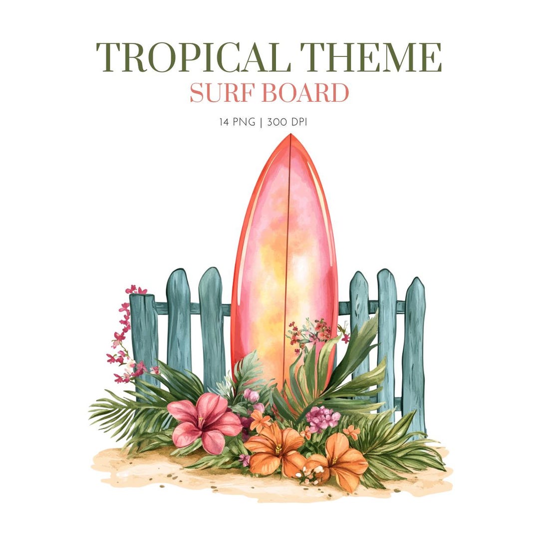 Surf Board Tropical Flower Clipart, Surf Board Flower, Tropical Floral ...