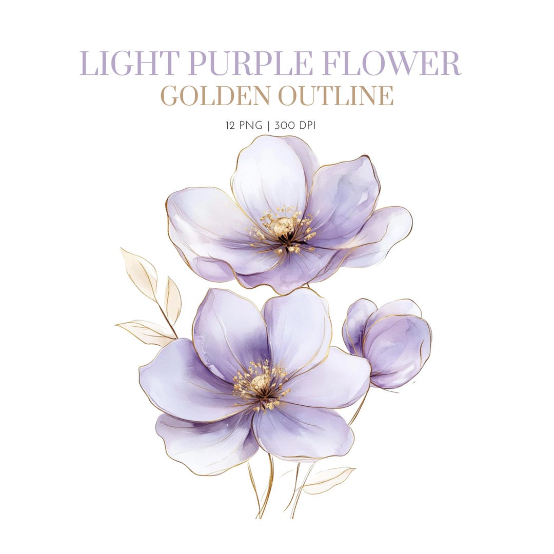 Purple Flower Golden Outline, Purple Flower Watercolor Clipart , Purple ...