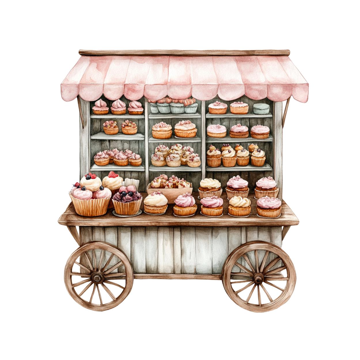 Cake Display Cart Clipart, Sweet Treats Watercolor Clipart, Tasty ...