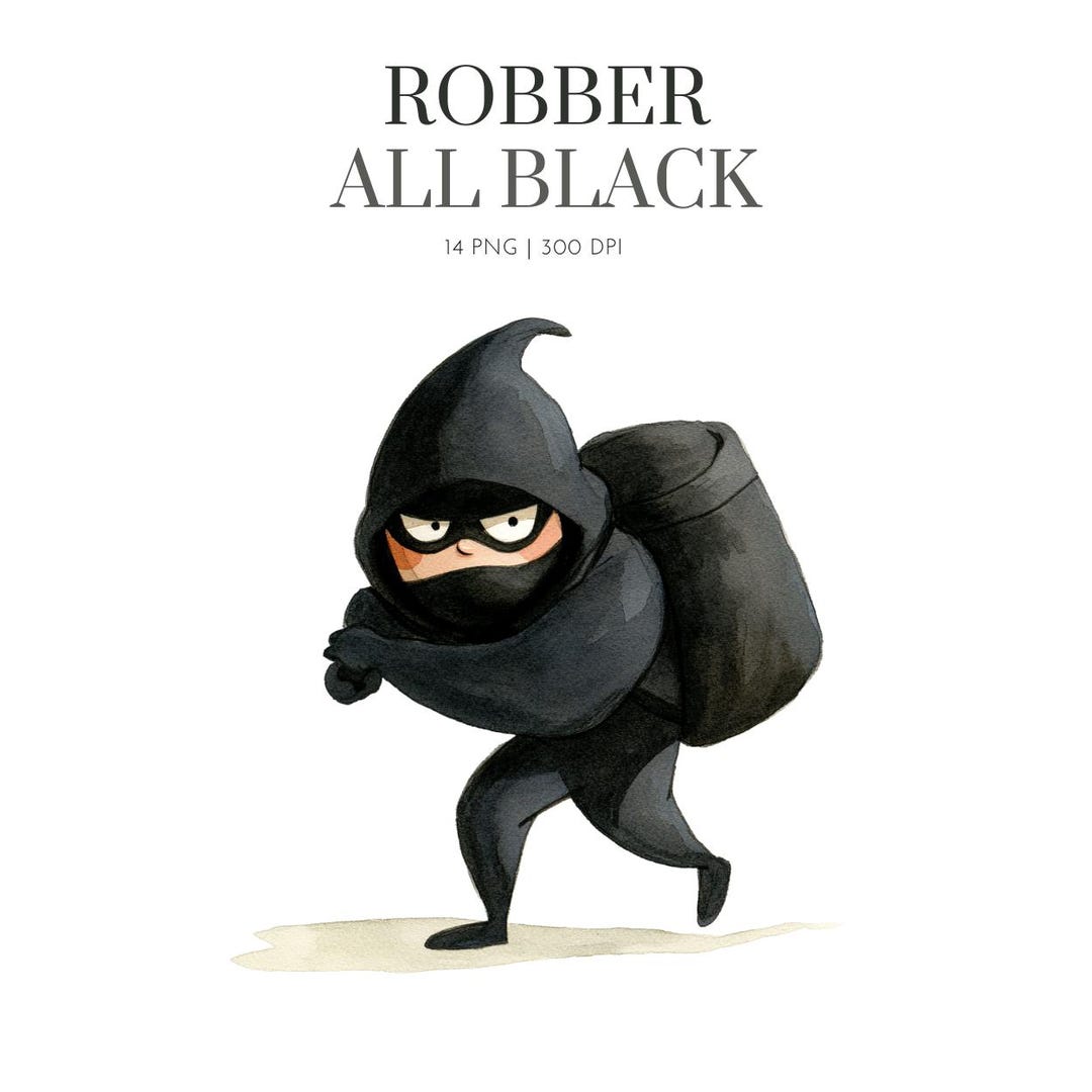 Baby Robber All Black Clipart, Watercolor Bank Robber Clipart, Thieves ...