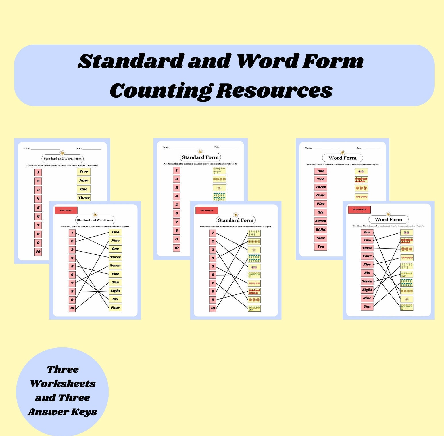 Math Resource: Numbers 1-10 in Standard and Word Form With Picture ...