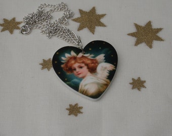 Christmas Necklace Vintage Angel Illustration Necklace Heart | Etsy