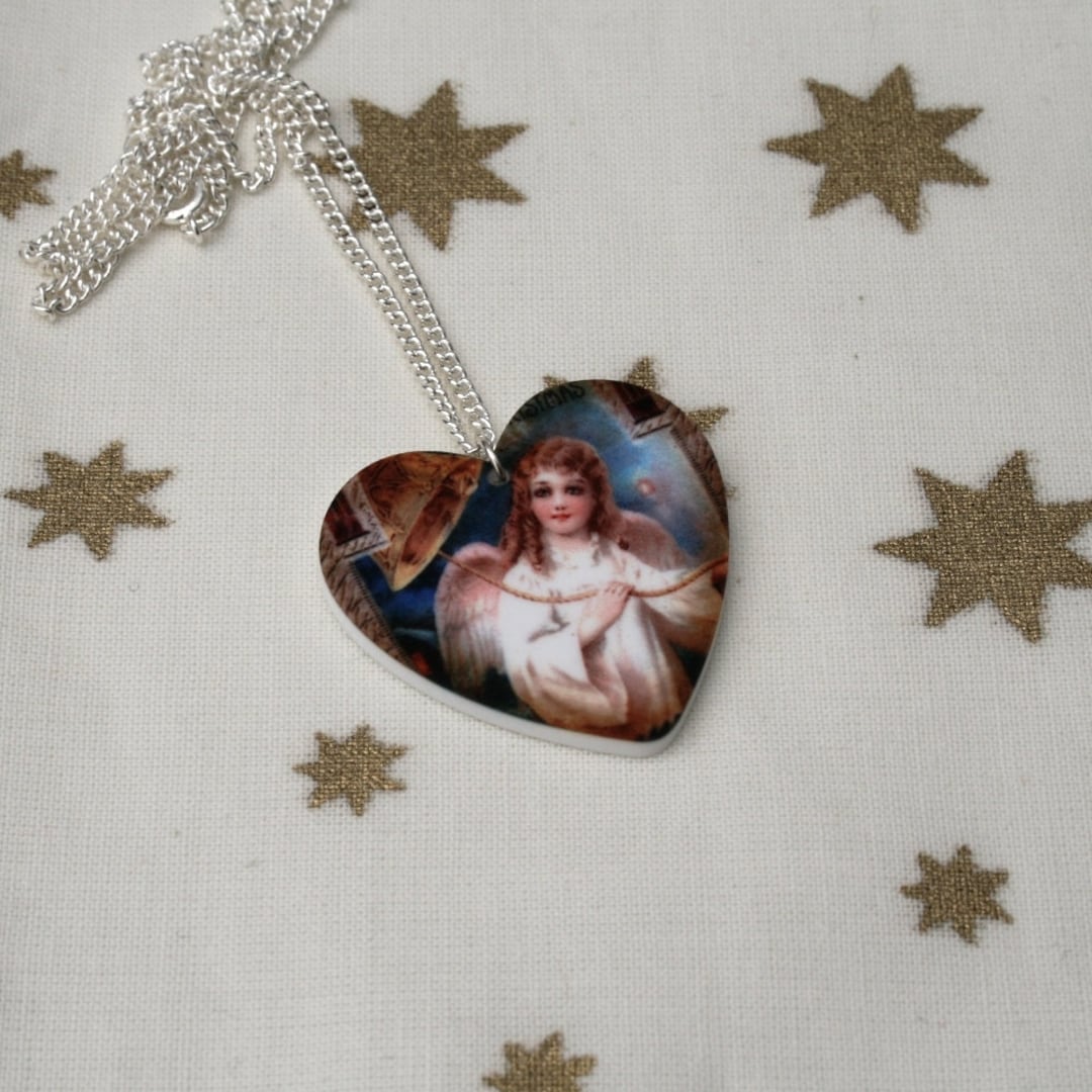 Christmas Necklace, Vintage Angel Illustration Necklace, Heart Necklace ...