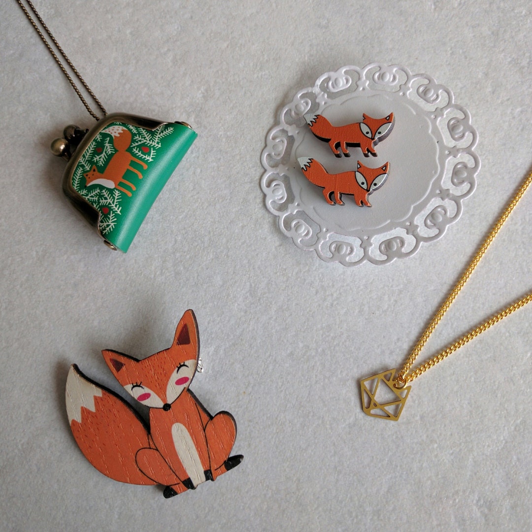 Fox Gift Set, Fox Necklace, Fox Brooch, Fox Earrings, Gift Box - Etsy