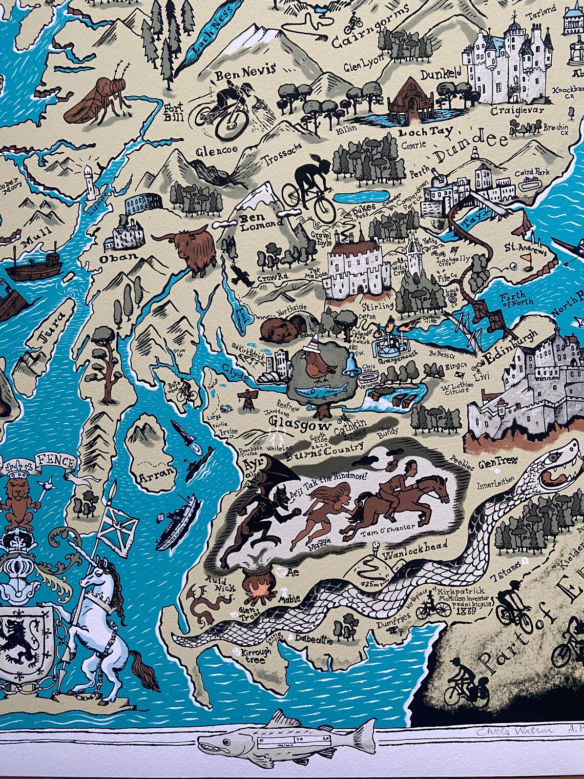 Illustrated Cycling Map of Scotland, Giclee Open Edition 42 X 60 Cm - Etsy