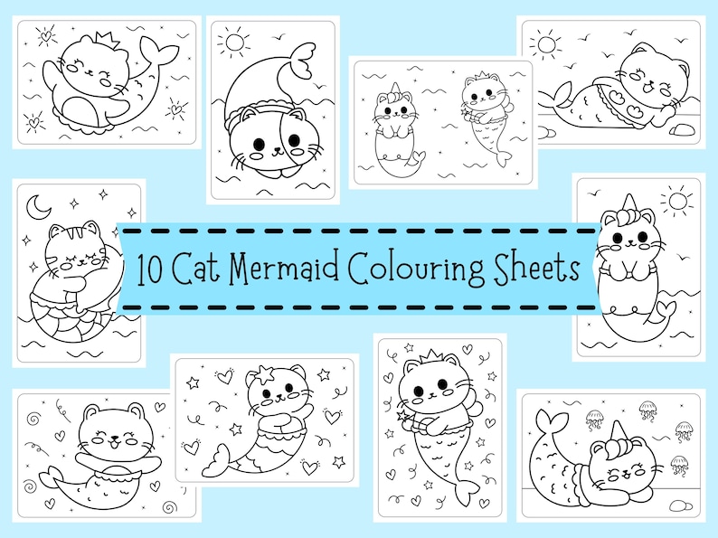 Cat Mermaid Colouring Sheets for Children - Girls' Fantasy Coloring ...