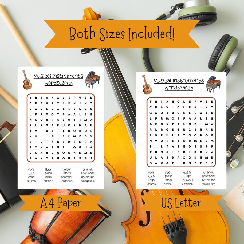 Musical Instruments Word Search Puzzle: Printable Activity Game (PDF ...