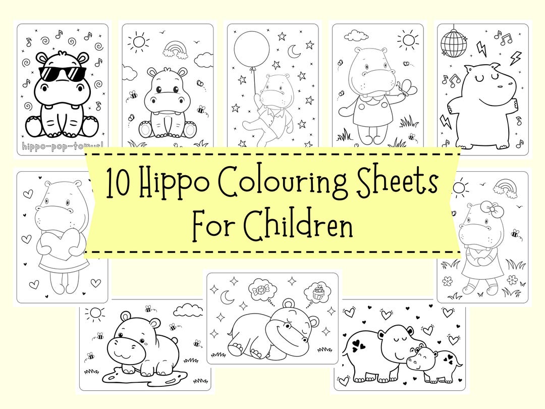 Hippo Colouring Sheets for Children Hippo Coloring Pages for Kids Cute ...