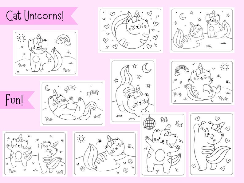 Cat Unicorn Colouring Sheets for Children - Girls' Fantasy Coloring ...