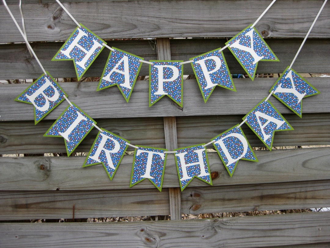 Happy Birthday Banner With Stars Pattern in Green and Blue Birthday ...