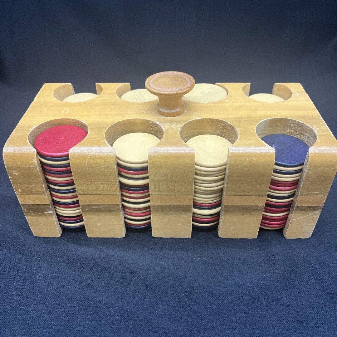 Vintage MCM Poker Chip Set & Wood Caddy - Wood Chips Mid Century Modern ...