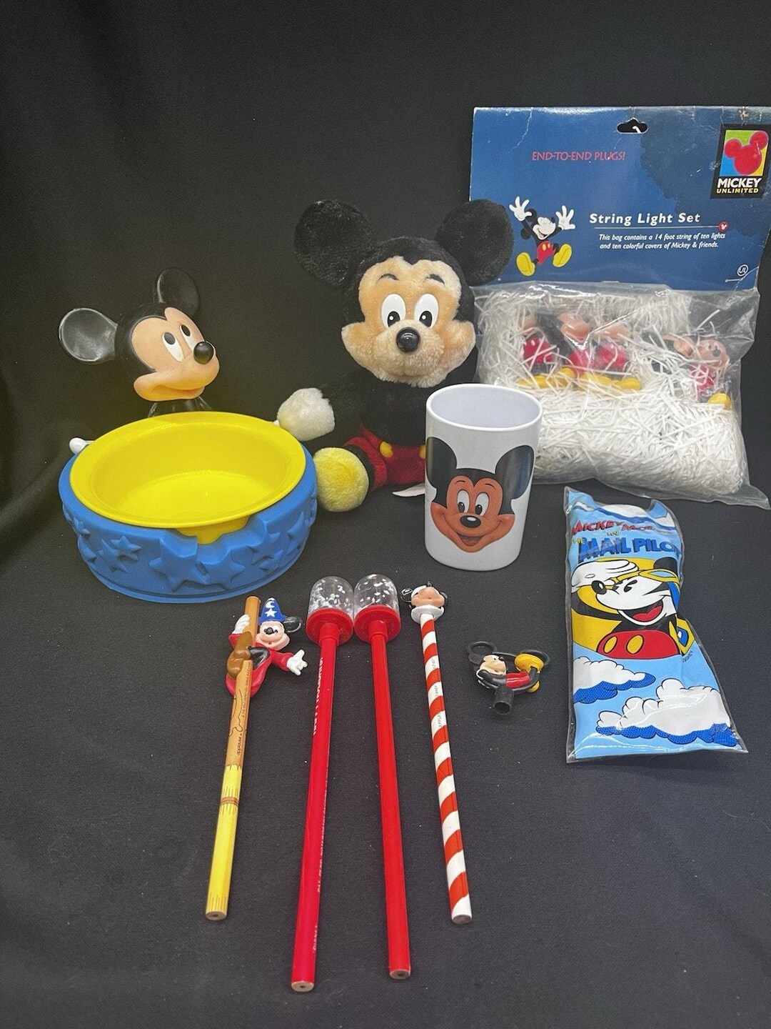Vintage Disney Lot Mickey String Light Set, School Kit, Bowl, Pencils ...