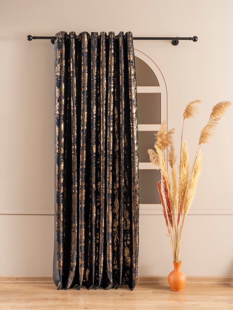 Luxury Velvet Curtains With Gold Foil Print, Grommet Velvet Drapes ...