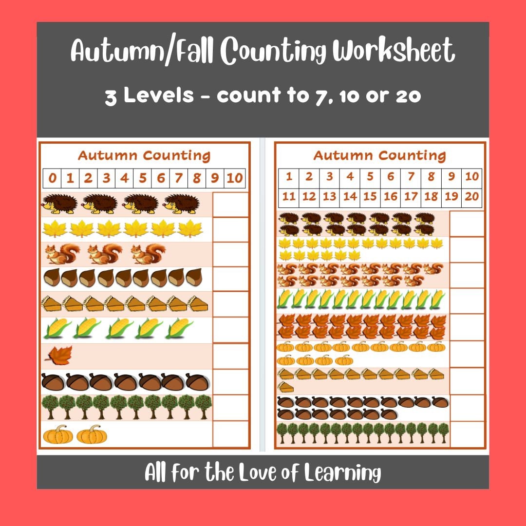Autumn / Fall Maths Counting Worksheet 3 Levels to 7, 10 or 20 - Etsy