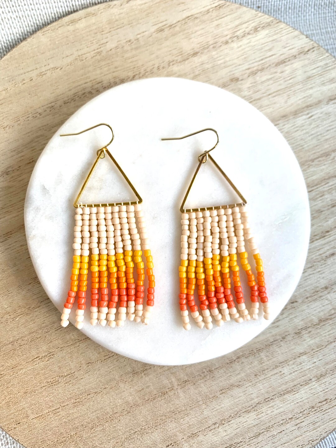 TRIANGLE LONG FRINGE in Warm Stripes | Beaded Earrings | Statement ...