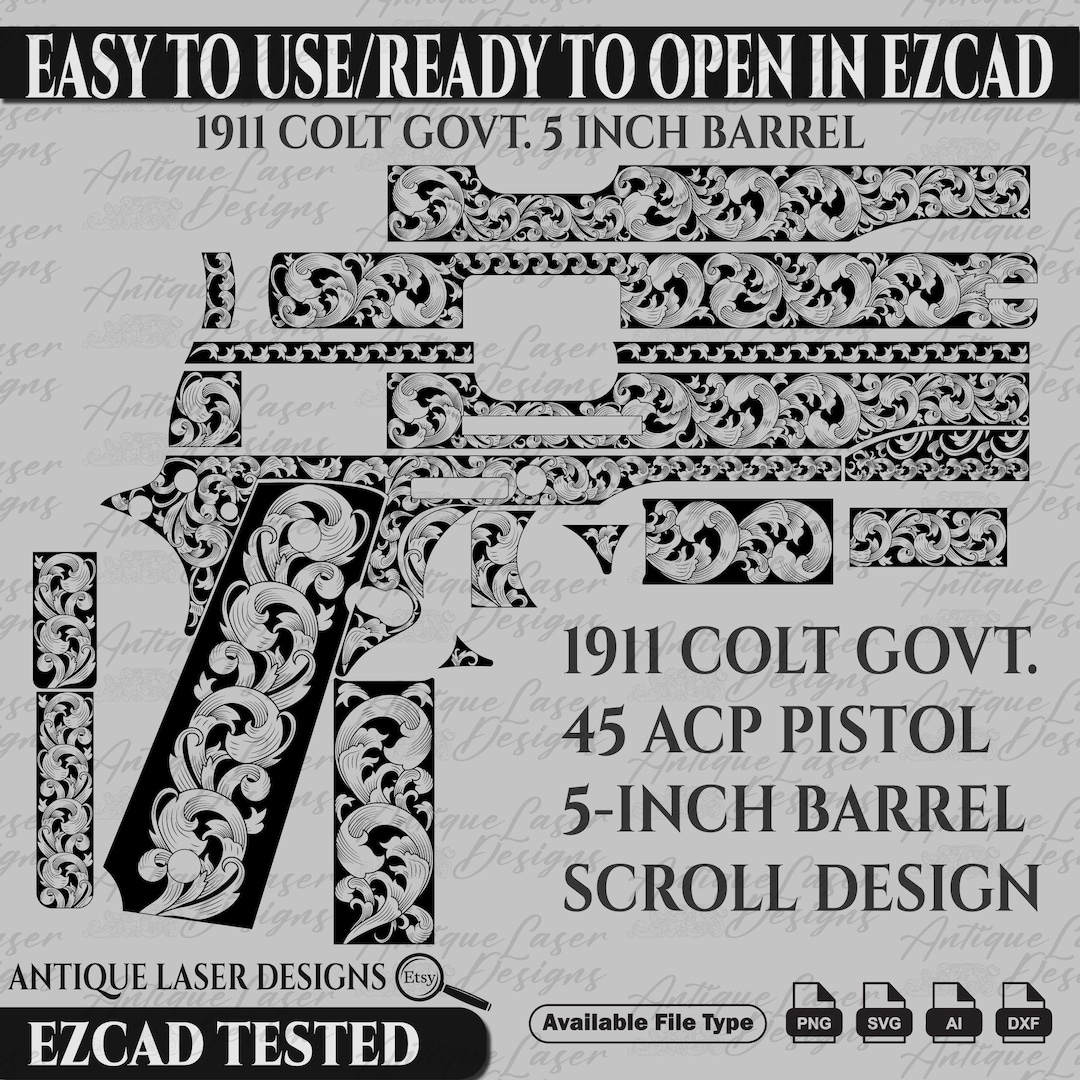 1911 Colt Government 45 ACP Pistol 5-inch Barrel Scroll Design SVG ...