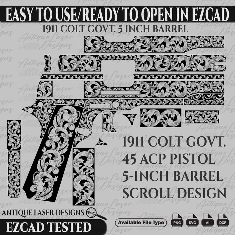 1911 Colt Government 45 ACP Pistol 5-inch Barrel Scroll Design SVG ...