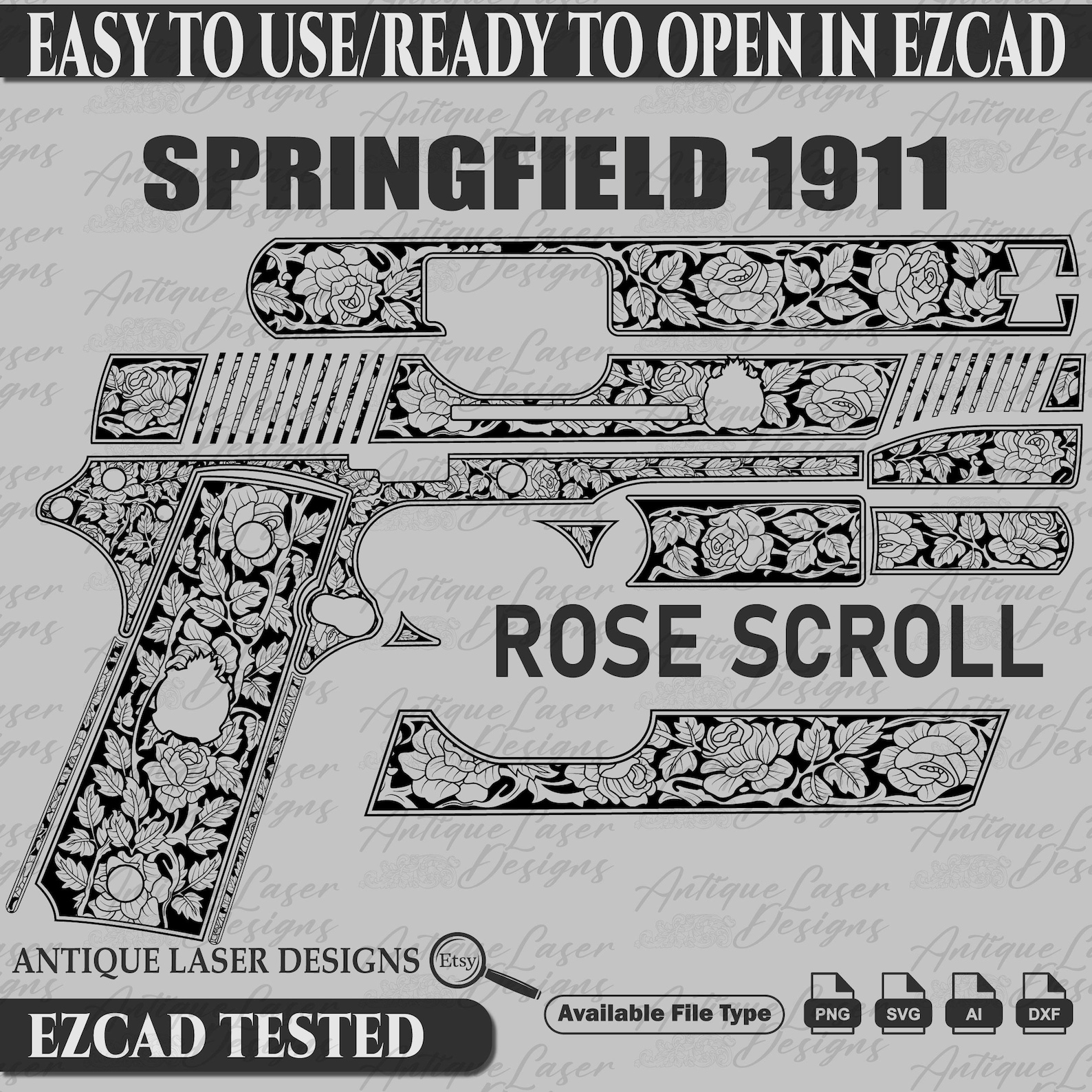 Springfield 1911 Rose Scroll Design SVG, Springfield 1911 Laser Files ...