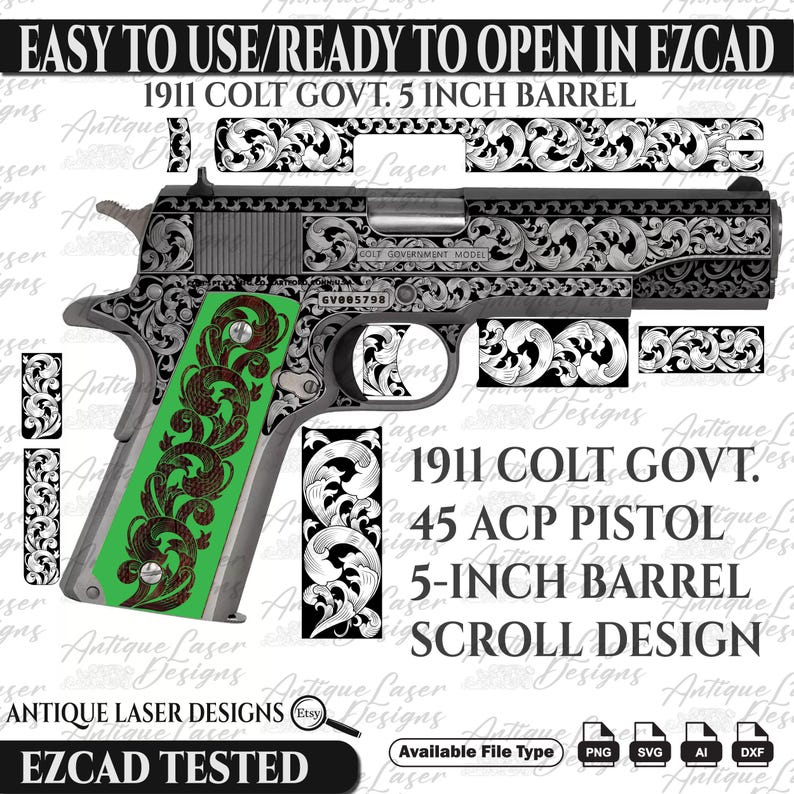 1911 Colt Government 45 ACP Pistol 5-inch Barrel Scroll Design SVG ...