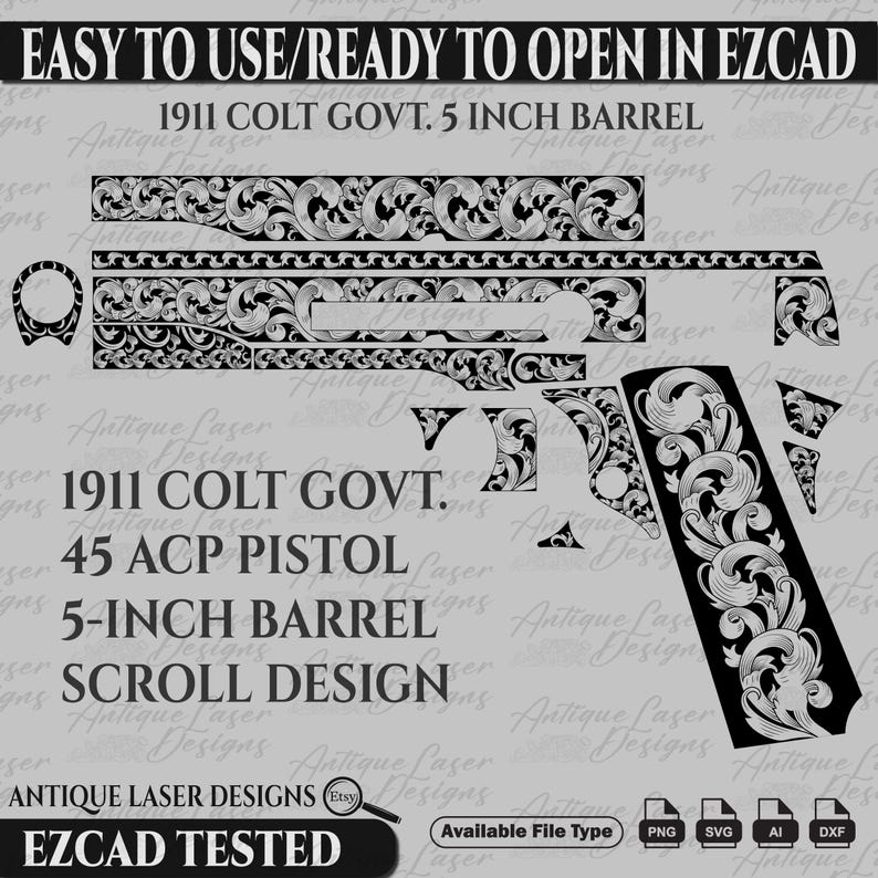 1911 Colt Government 45 ACP Pistol 5-inch Barrel Scroll Design SVG ...