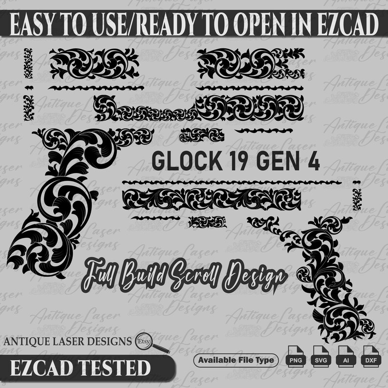 Glock 19 Gen 4 Scroll Design SVG, Glock 19 Gen4 SVG, Glock 19 Vector ...
